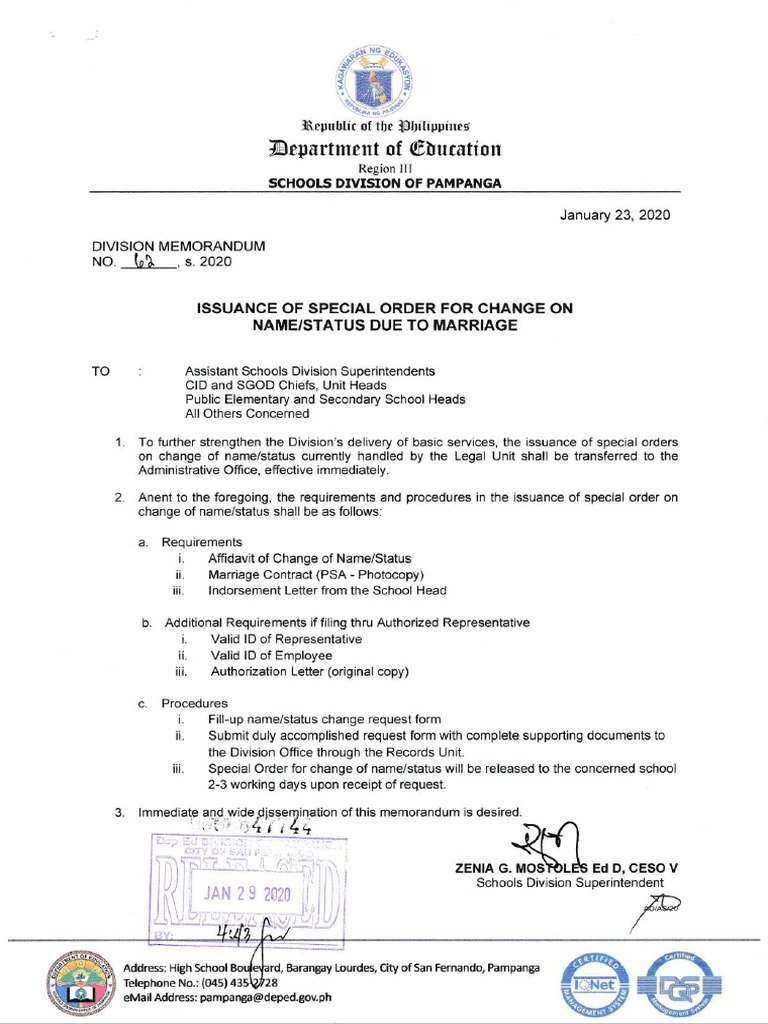Indorsement Letter Sample For Change of Status | PDF
