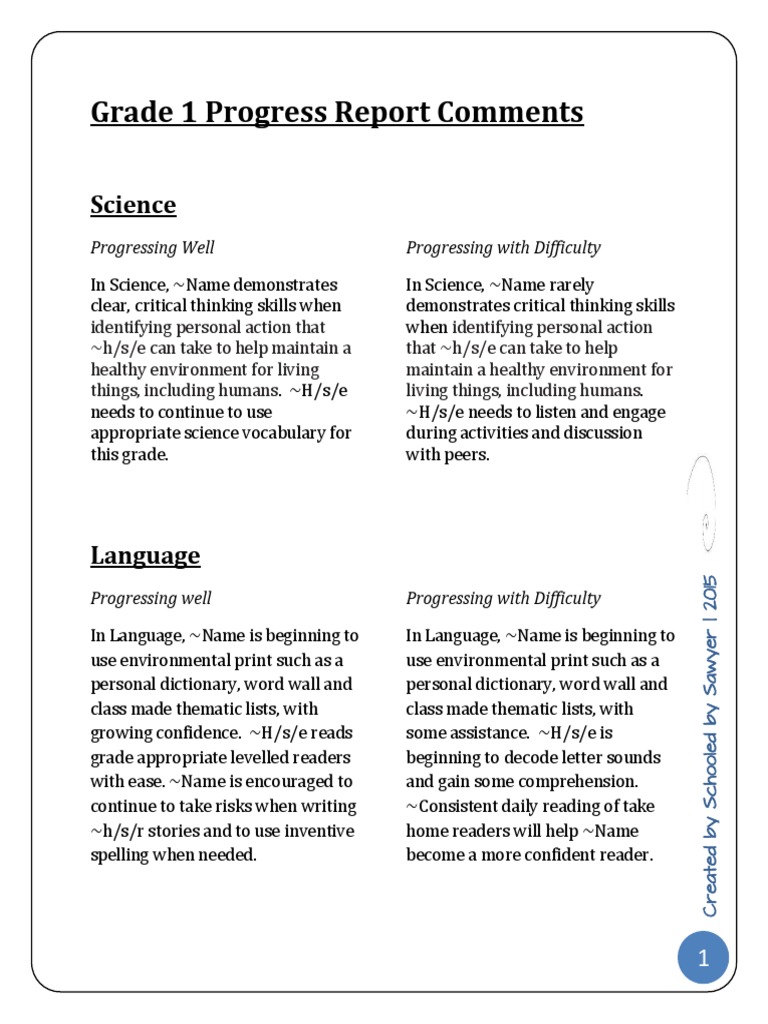 Report Card Comments Grade 1 Progress Report Ontario | PDF | Behavior ...
