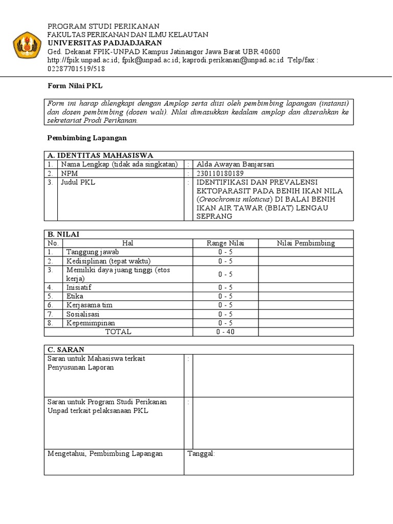 Form Nilai PKL Pembimbing Lap Dan Dosen Wali | PDF