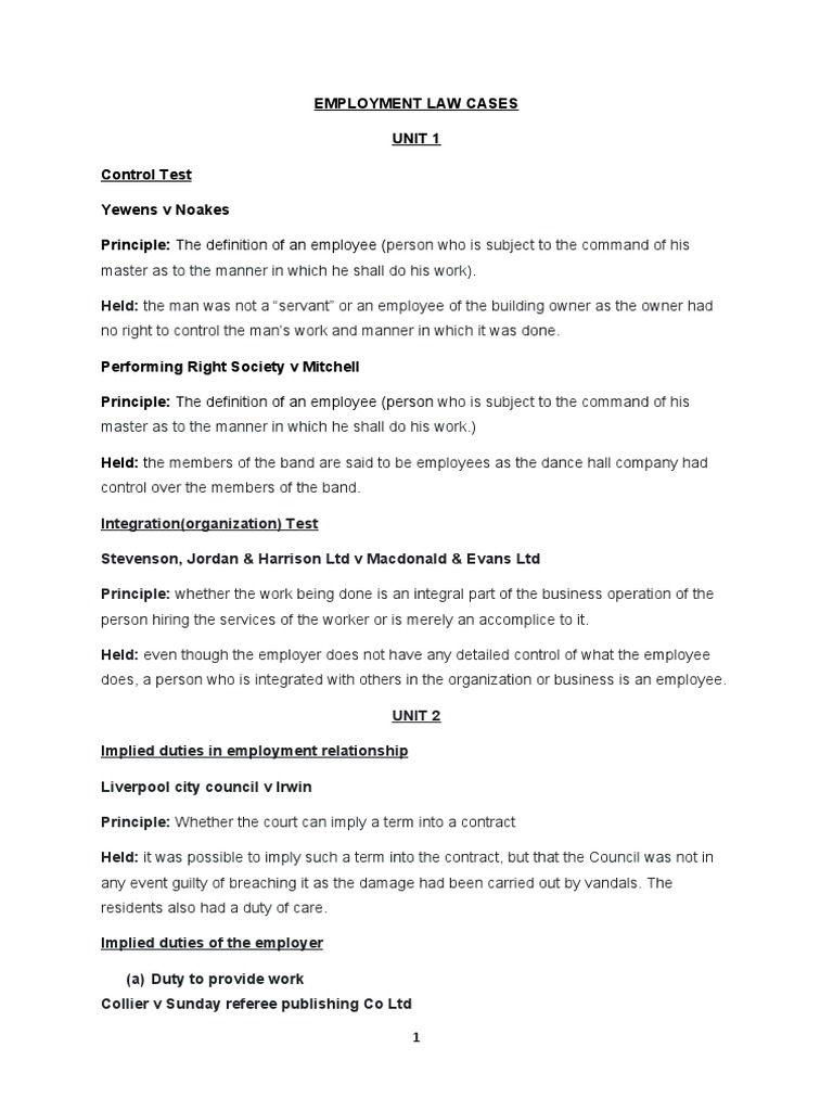 Employment Law Cases Unit 1 Control Test Yewens V Noakes Principle: The ...