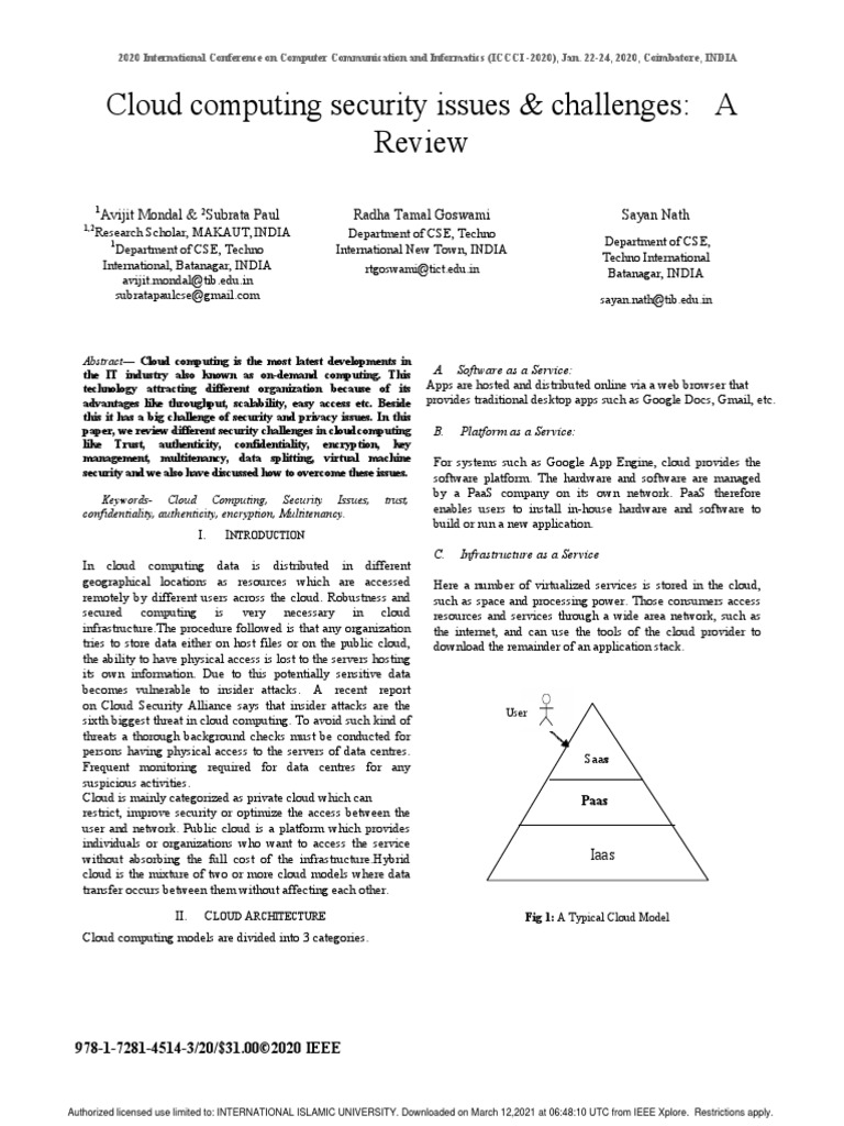 Cloud Computing Security Issues & Challenges: A Review: Avijit Mondal & Subrata Paul Radha Tamal ...