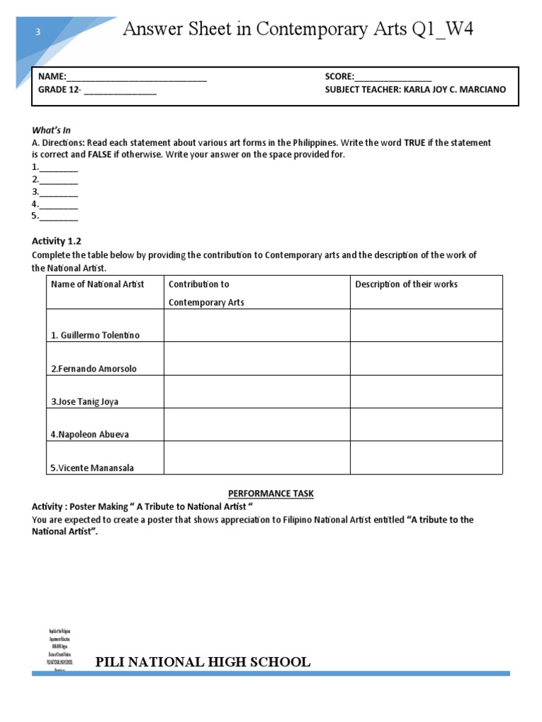 Con Arts q1 - Week 4 Answer Sheet | PDF | The Arts