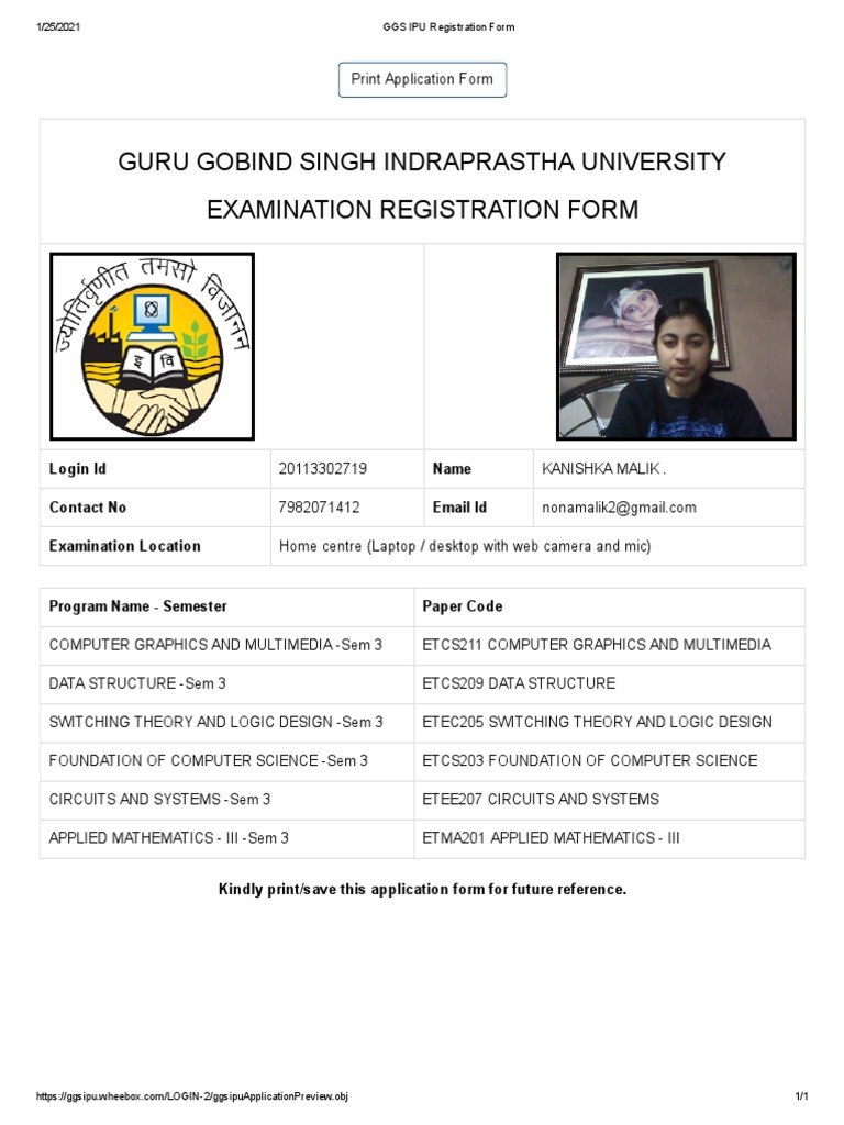Guru Gobind Singh Indraprastha University Examination Registration Form ...