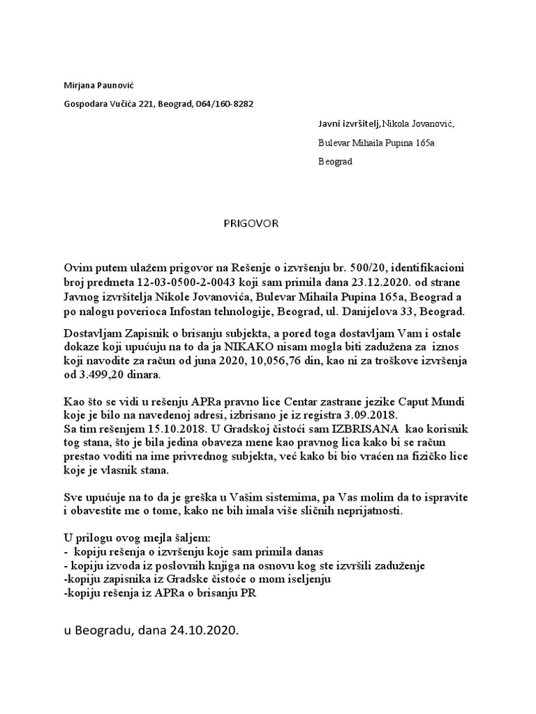 Prigovor Infostan I Izvrsitelj | PDF