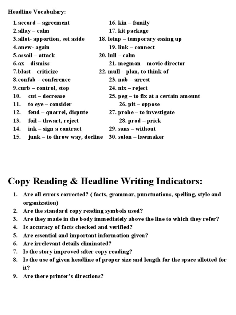 Headline Vocabulary and Copyreading Guide | PDF | Foreign Language Studies