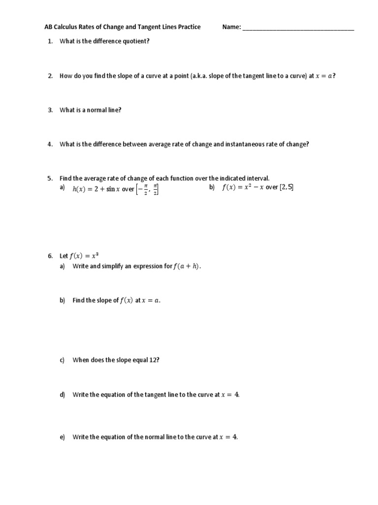 AP Calculus AB-Rates of Change and Tangent Lines Practice | PDF ...