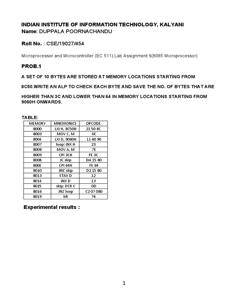 Analysis of Microprocessor and Microcontroller (EC 511) Lab Assignment on 8085 Microprocessor ...