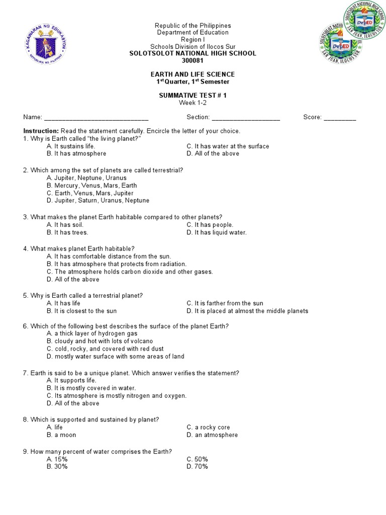 Els Summative Test 1 | PDF | Rock (Geology) | Weathering