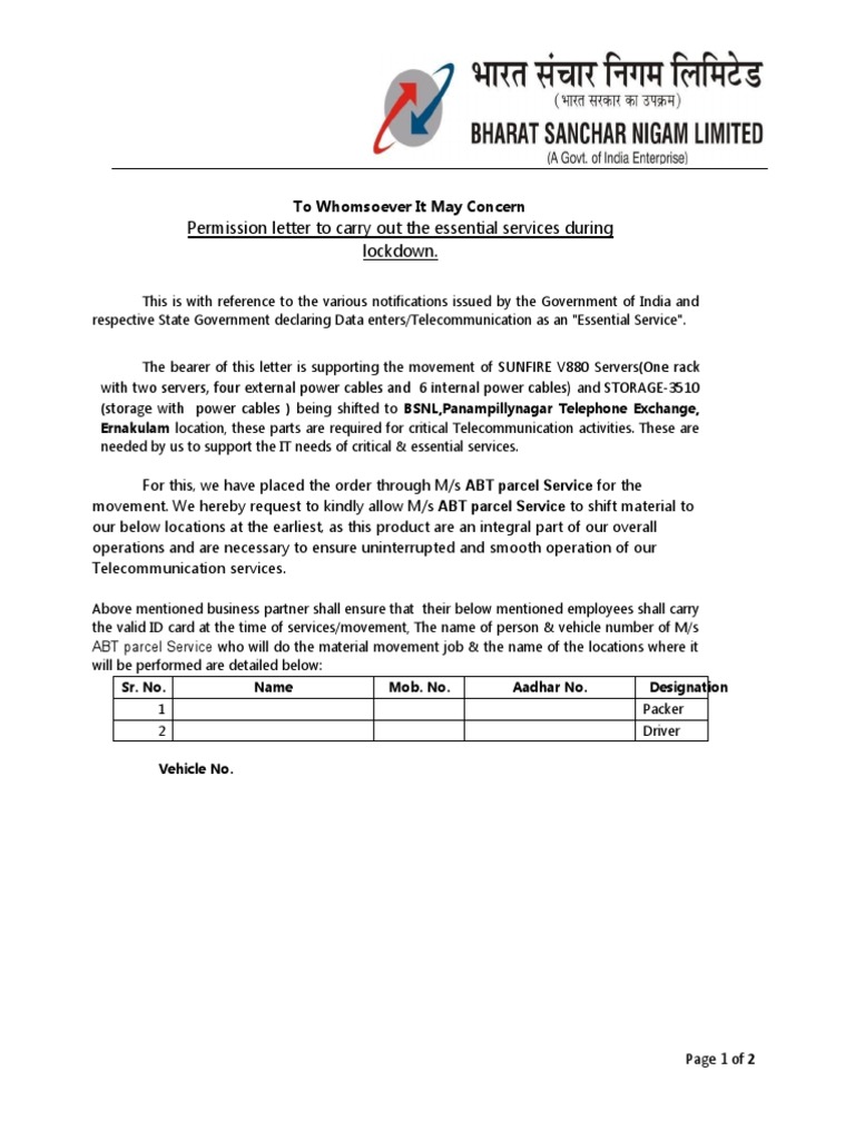 Permission Letter To Carry Out The Essential Services During Lockdown ...