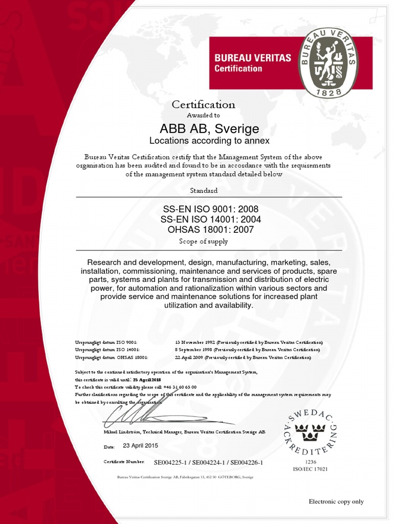 ISO Certificate ABB AB Sverige 2015 Eng | PDF | Iso 9000 | Business