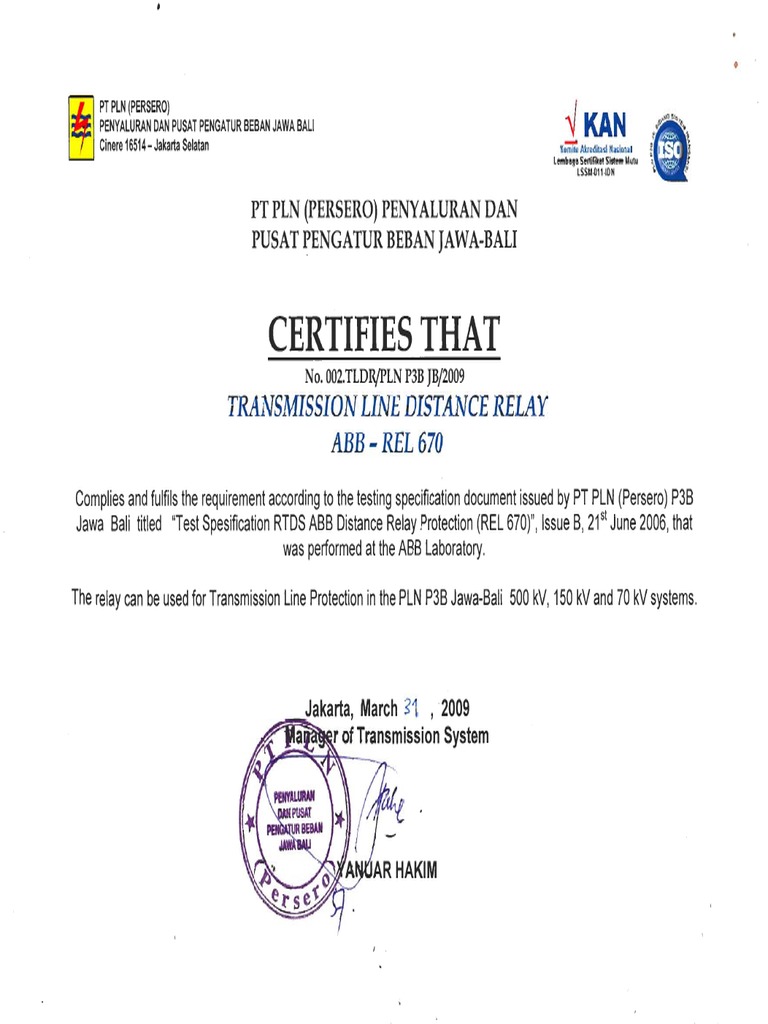 RTDS Certificate of REL670 - PLN P3B | PDF