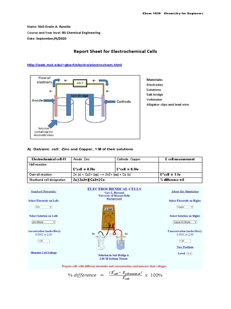 Chem 1036 Expt 4 Electrochemical Cells - RESULT SHEETS | PDF ...