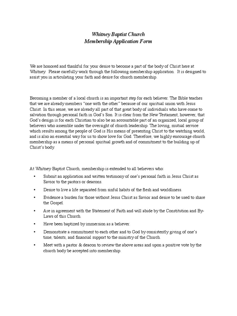 Baptist Church Membership Form | PDF | Baptism | Christian Church