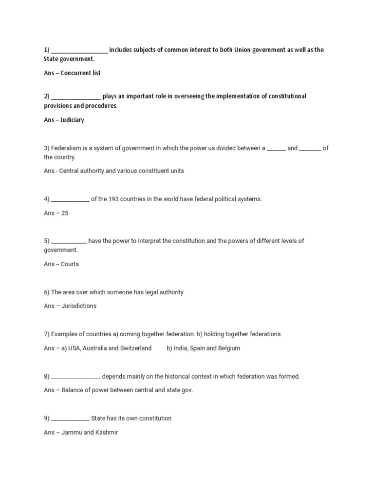 Federalism Worksheet | PDF | Federalism | Federation