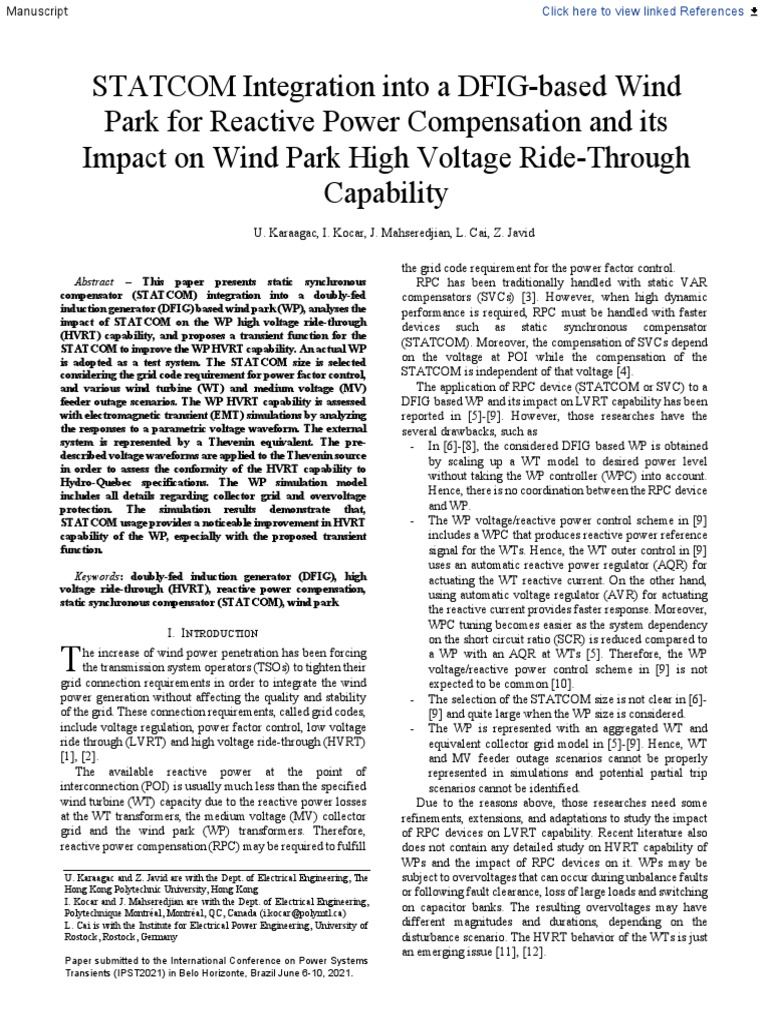 STATCOM Integration Into A DFIG-based Wind Park For Reactive Power Compensation and Its Impact ...