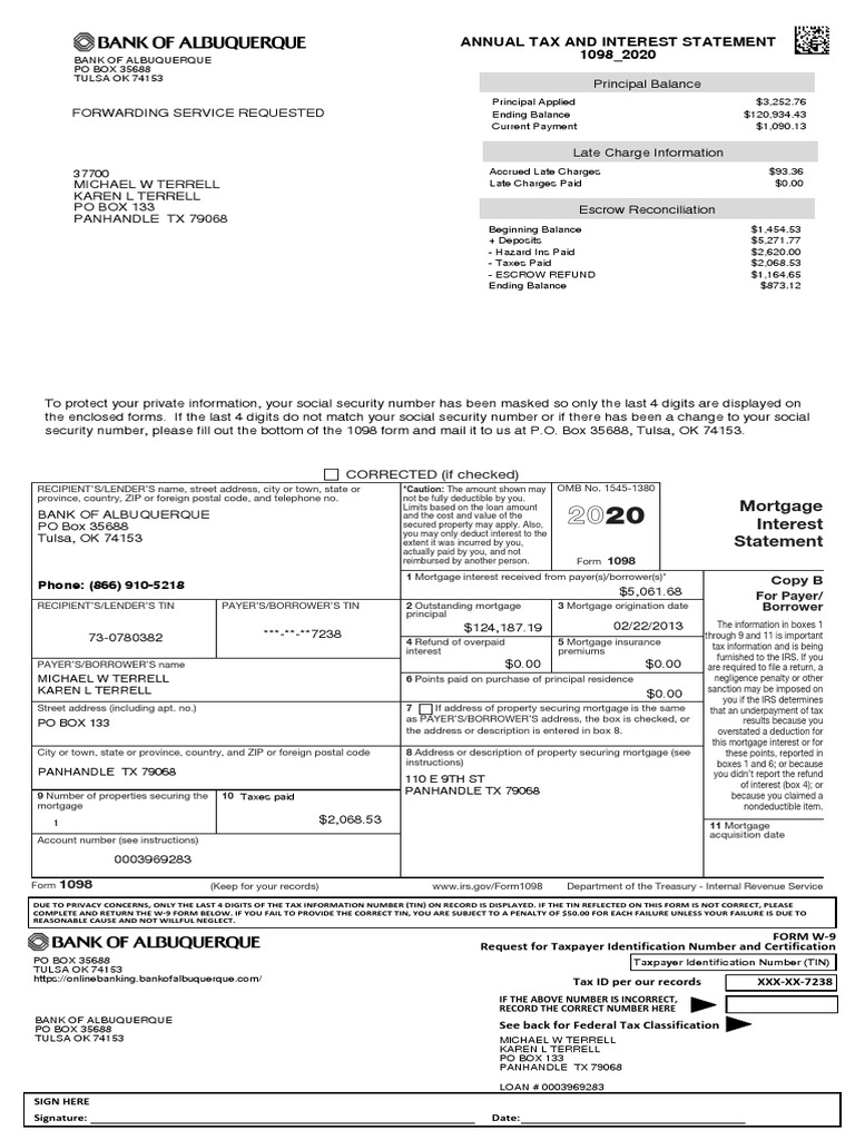 1098 STATEMENT YE098 900961 01 197: Annual Tax and Interest Statement ...
