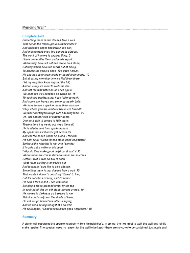 Mending Wall": Complete Text | PDF | Poetry