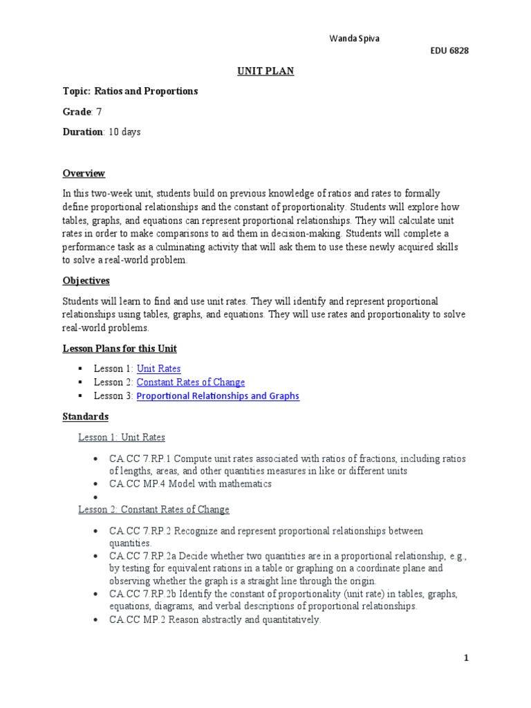 Unit Plan Topic: Ratios and Proportions Grade: 7 Duration: 10 Days ...