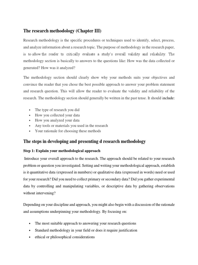 The Research Methodology (Chapter III) : Step 1: Explain Your ...