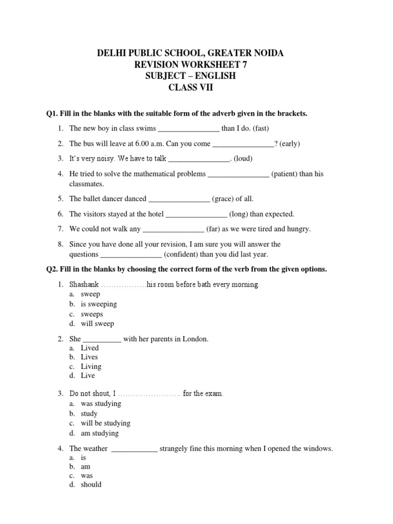 Class 7 English Revision Worksheet | PDF