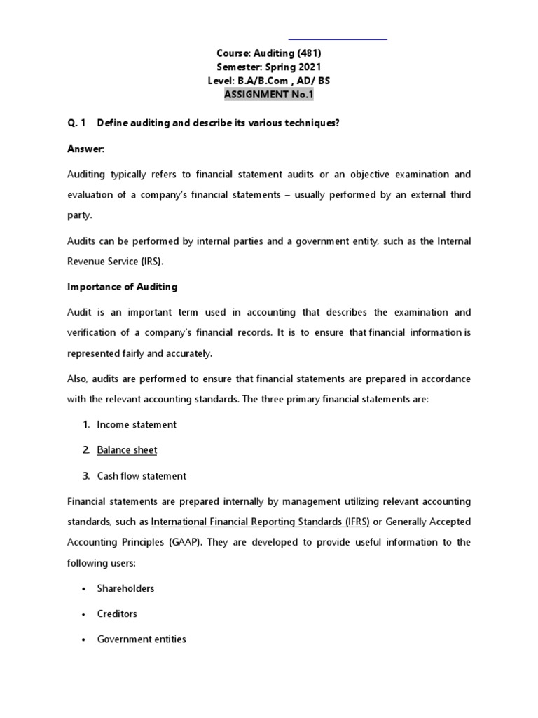 Course: Auditing (481) Semester: Spring 2021 Assignment No.1 Q. 1 ...