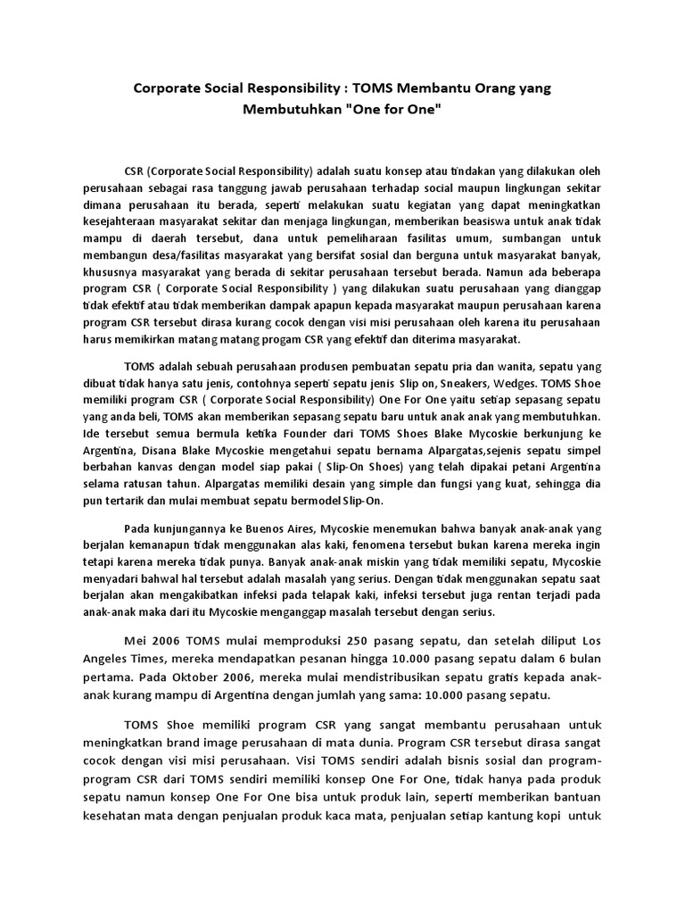 TOMS: Program CSR One For One | PDF | Karier & Perkembangan | Bisnis