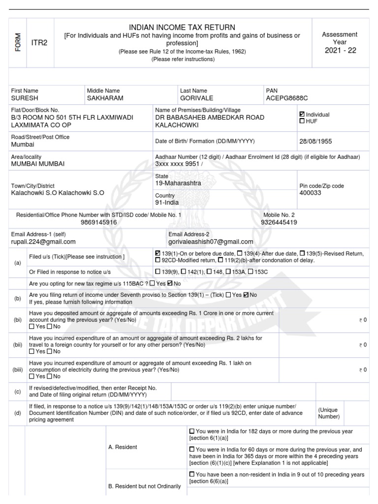 Indian Income Tax Return | PDF | Capital Gain | Tax Deduction