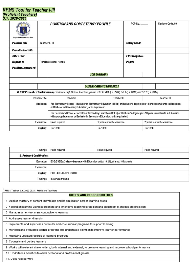 RPMS Tool For Teacher I-III: (Proficient Teachers) S.Y. 2020-2021 | PDF ...