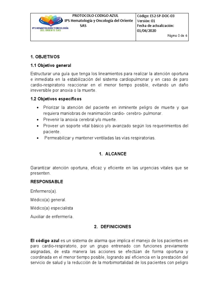 Protocolo de Código Azul en Emergencias | PDF | Reanimación ...