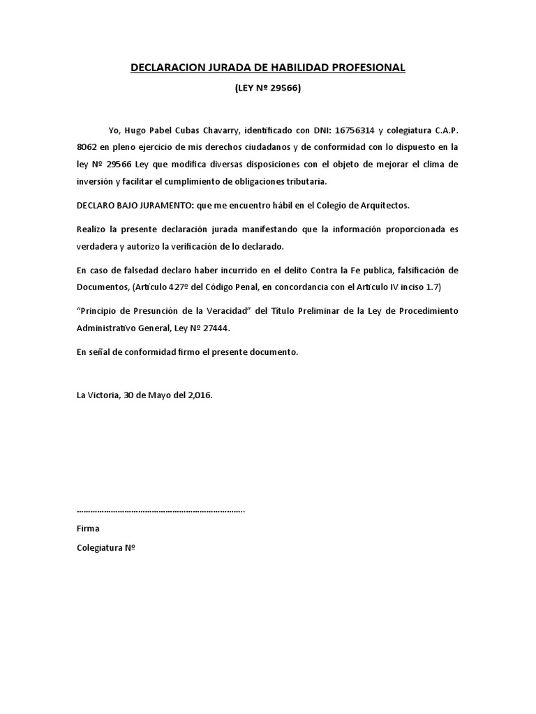 Declaracion Jurada de Habilidad Profesional | PDF