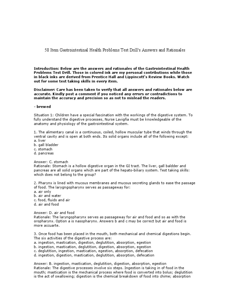 50 Item Gastrointestinal Health Problems Test Drill With Rationale ...