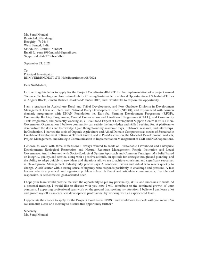 Suraj - Cover Letter | PDF | Sustainability | Communication