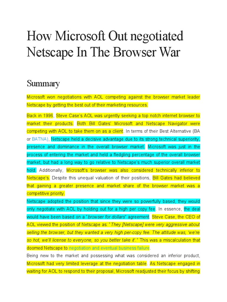 How Microsoft Out Negotiated Netscape in The Browser War: Batna) | PDF | Aol | Microsoft