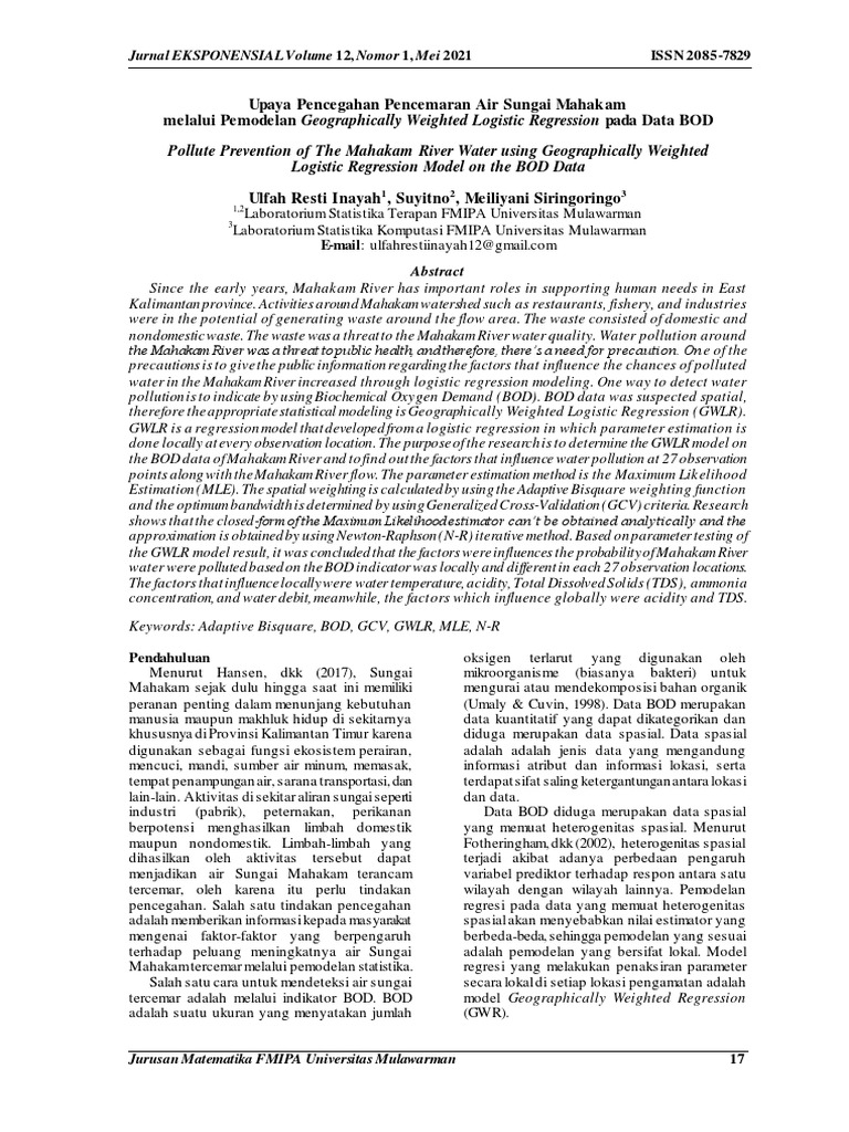 Pollute Prevention of The Mahakam River Water Using Geographically Weighted Logistic Regression ...
