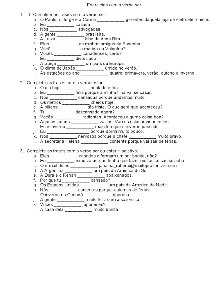 Presente e Pretérito Exercícios Com o Verbo Ser e Estar | PDF