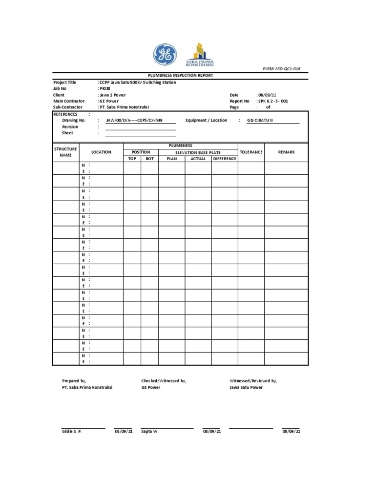 Plumbness Inspection Report: PI038-ASD-QC1-016 | PDF