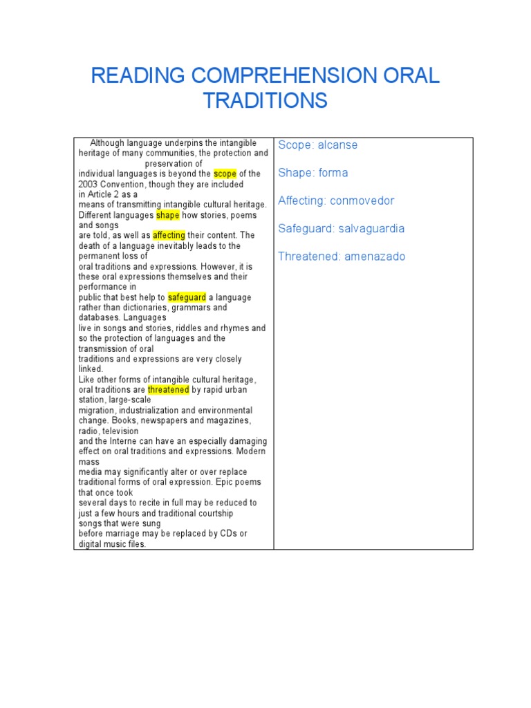 Reading Comprehension Oral Traditions | PDF | Oral Tradition | Traditions