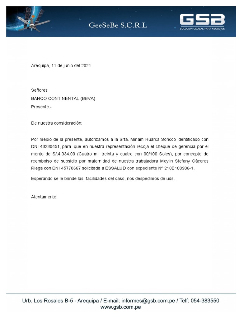 Carta A BBVA - Cobro Subsidio | PDF