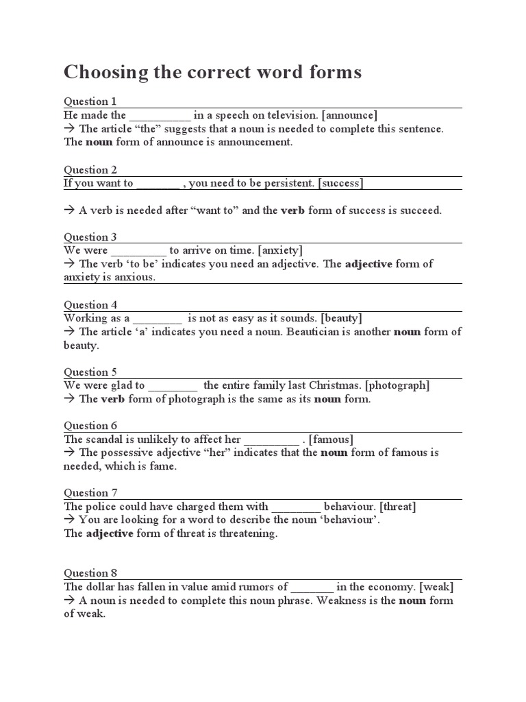 Choosing The Correct Word Forms - Test | PDF | Language Arts & Discipline