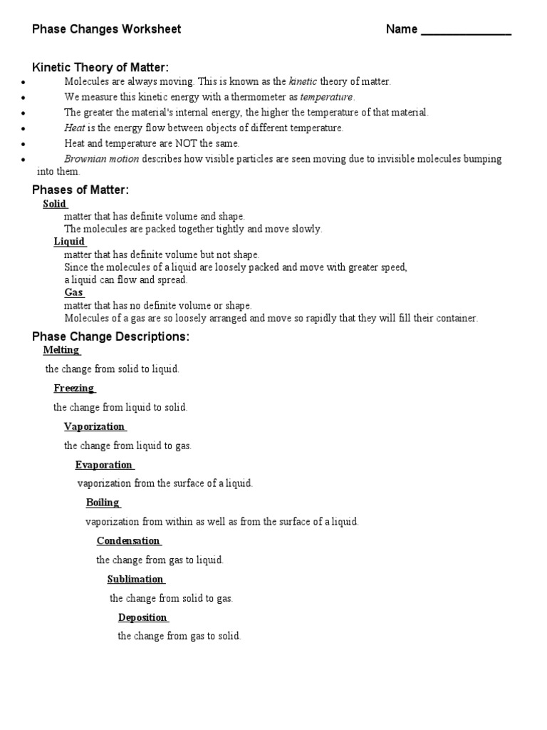Phase Changes Worksheet | PDF | Liquids | Phase (Matter)