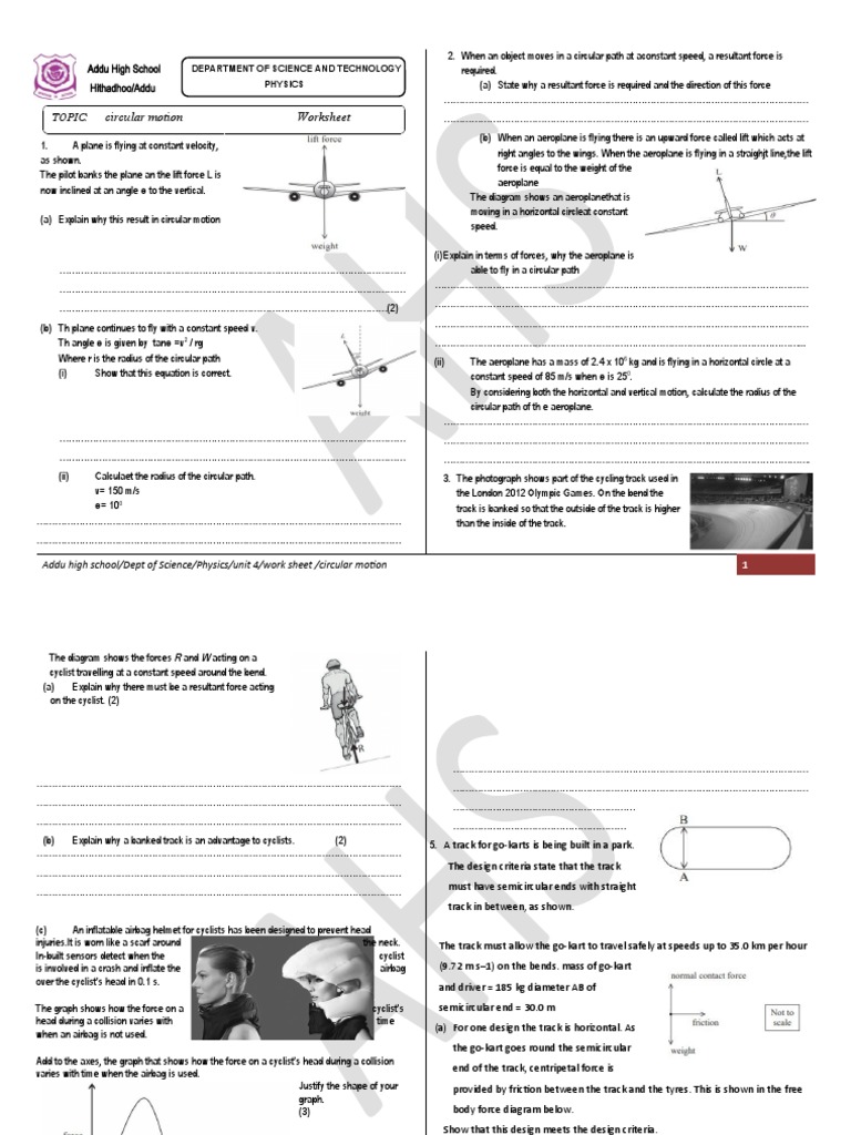 Circular Motion Worksheet: Topic | PDF | Force | Lift (Force)