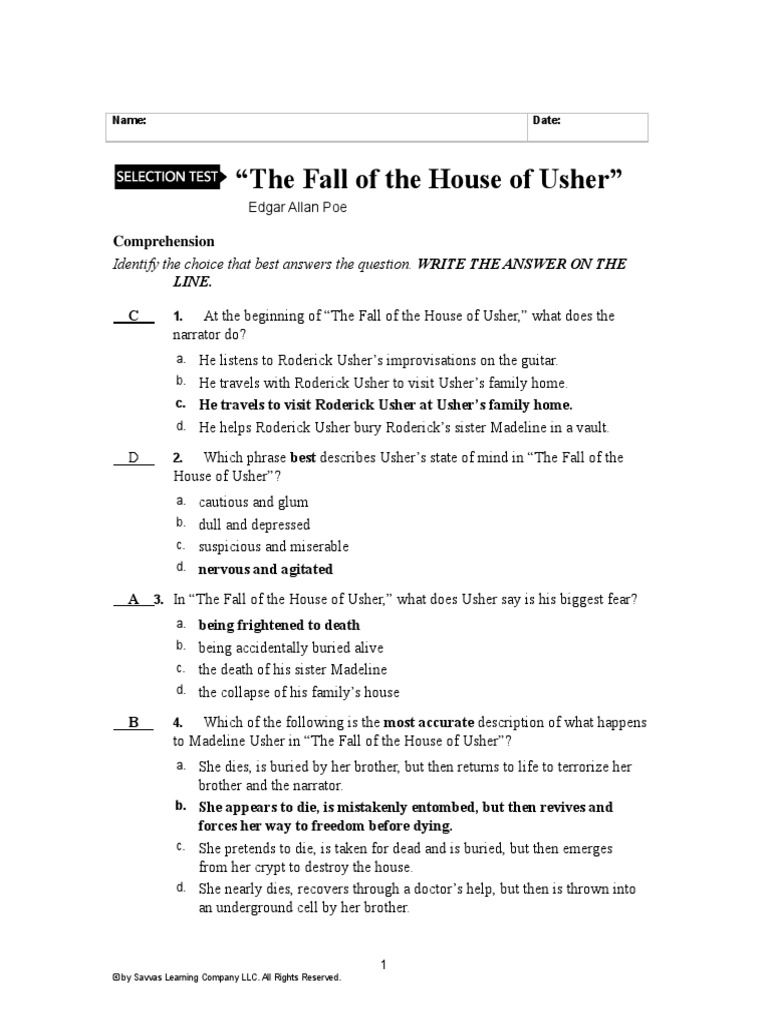 "The Fall of The House of Usher": Comprehension | PDF | General Fiction