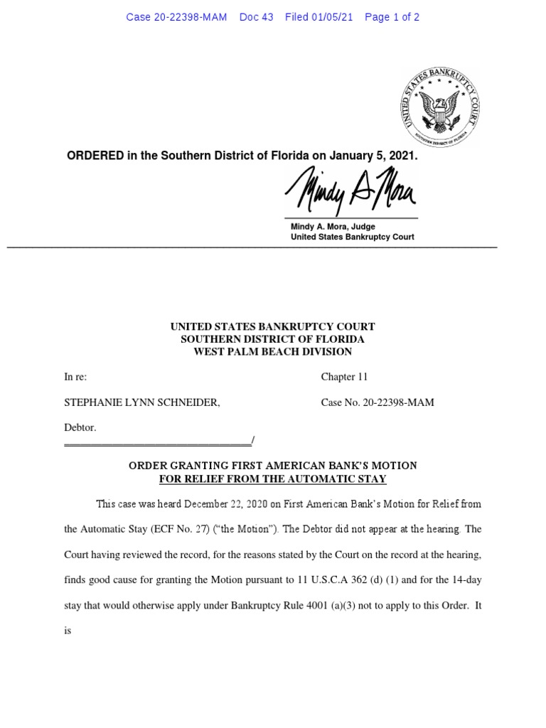 (D.E. 43) Order Granting Relief From Stay S. Schneider BK 11 20-22398 | PDF | Bankruptcy ...