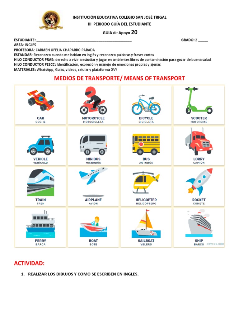 Guia 20 Medios de Transporte III Periodo, Ingles | PDF