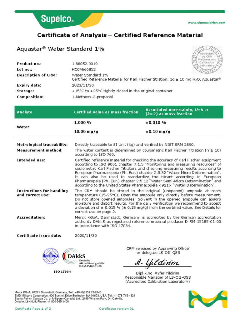 Certificate of Analysis - Certified Reference Material: Aquastar Water ...