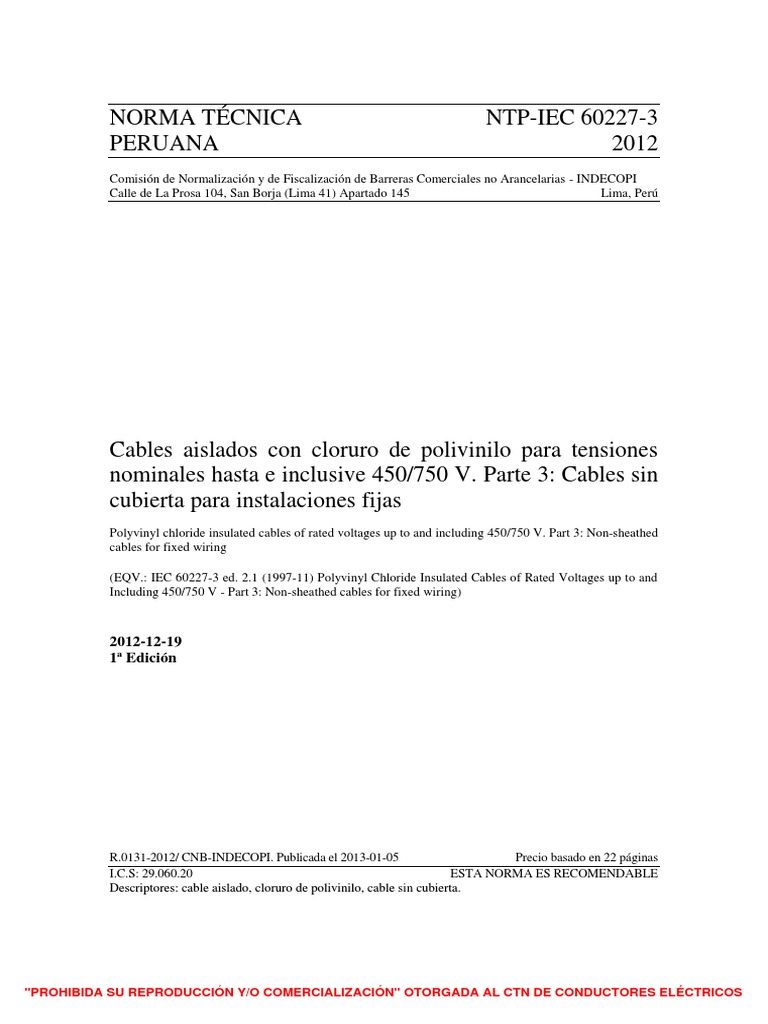 NTP Iec - 60227 3 | PDF | Resistencia Eléctrica y Conductancia ...