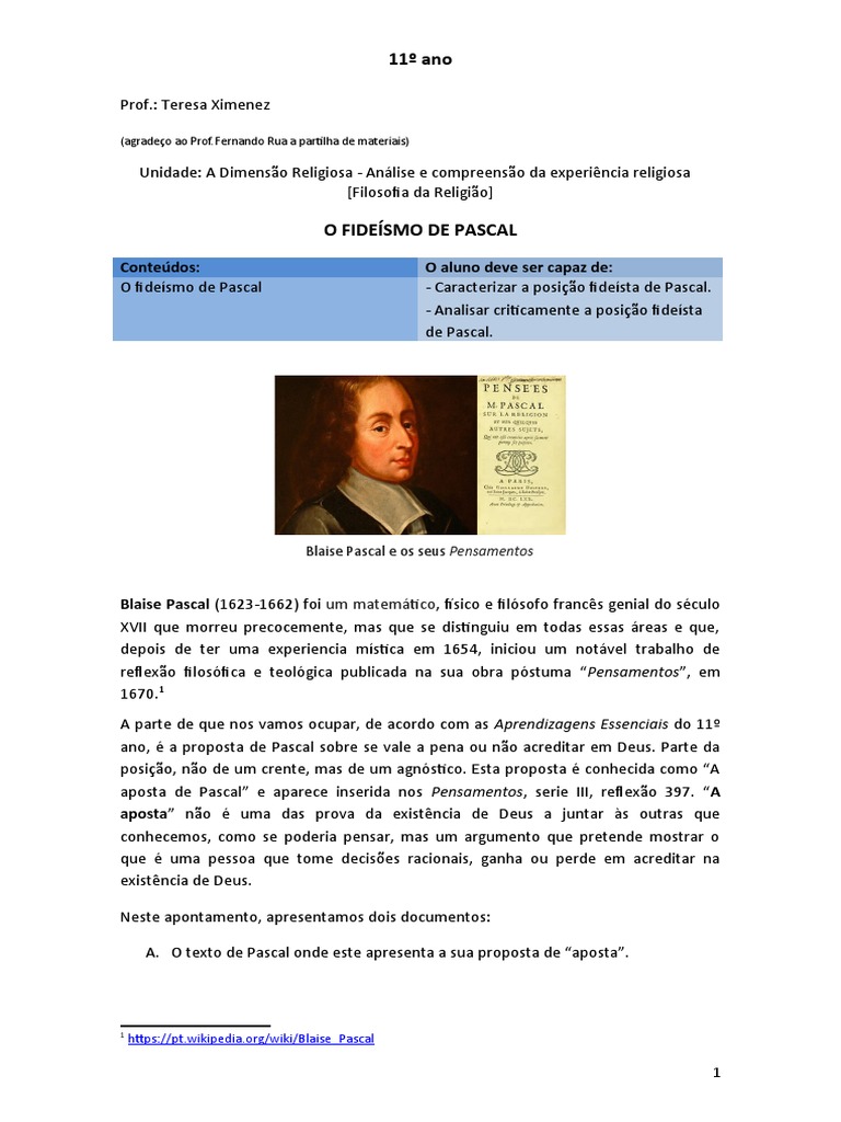 O FIDEÍSMO DE PASCAL - O Argumento Do Apostador 11º.CT e LH | PDF ...