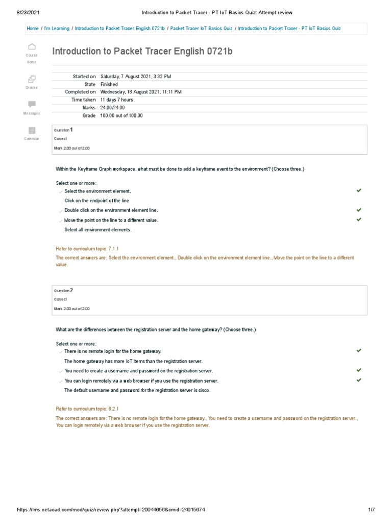 Introduction To Packet Tracer - PT IoT Basics Quiz - Attempt Review | PDF | Gateway ...