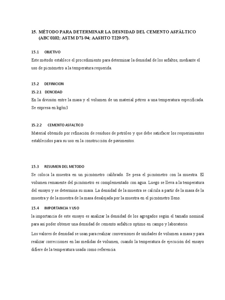 Método para Determinar La Desnidad Del Cemento Asfáltico (ABC 0102 ASTM ...