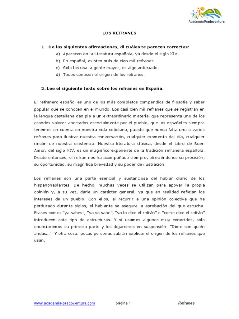 Actividad Clase Ele REFRANES | PDF | Libros para adolescentes